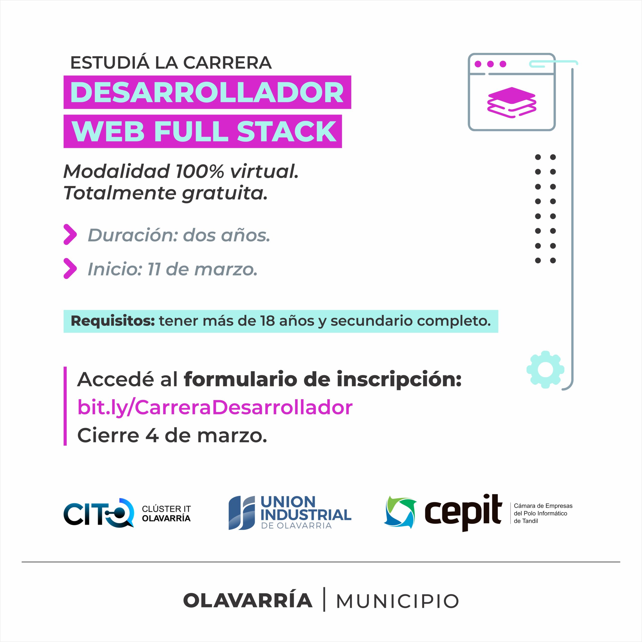 Inscripción a la carrera de Desarrollador Web Full Stack | Municipalidad del Partido de Olavarría